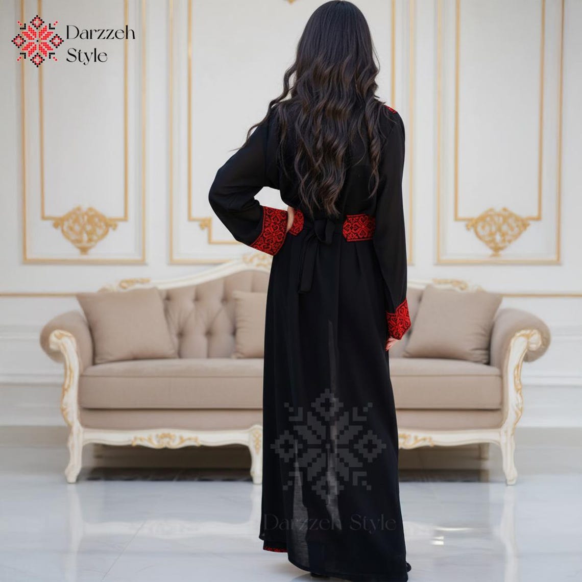 Palestinian Embroidered Open Abaya – Black & Red | Elegant Handmade ...