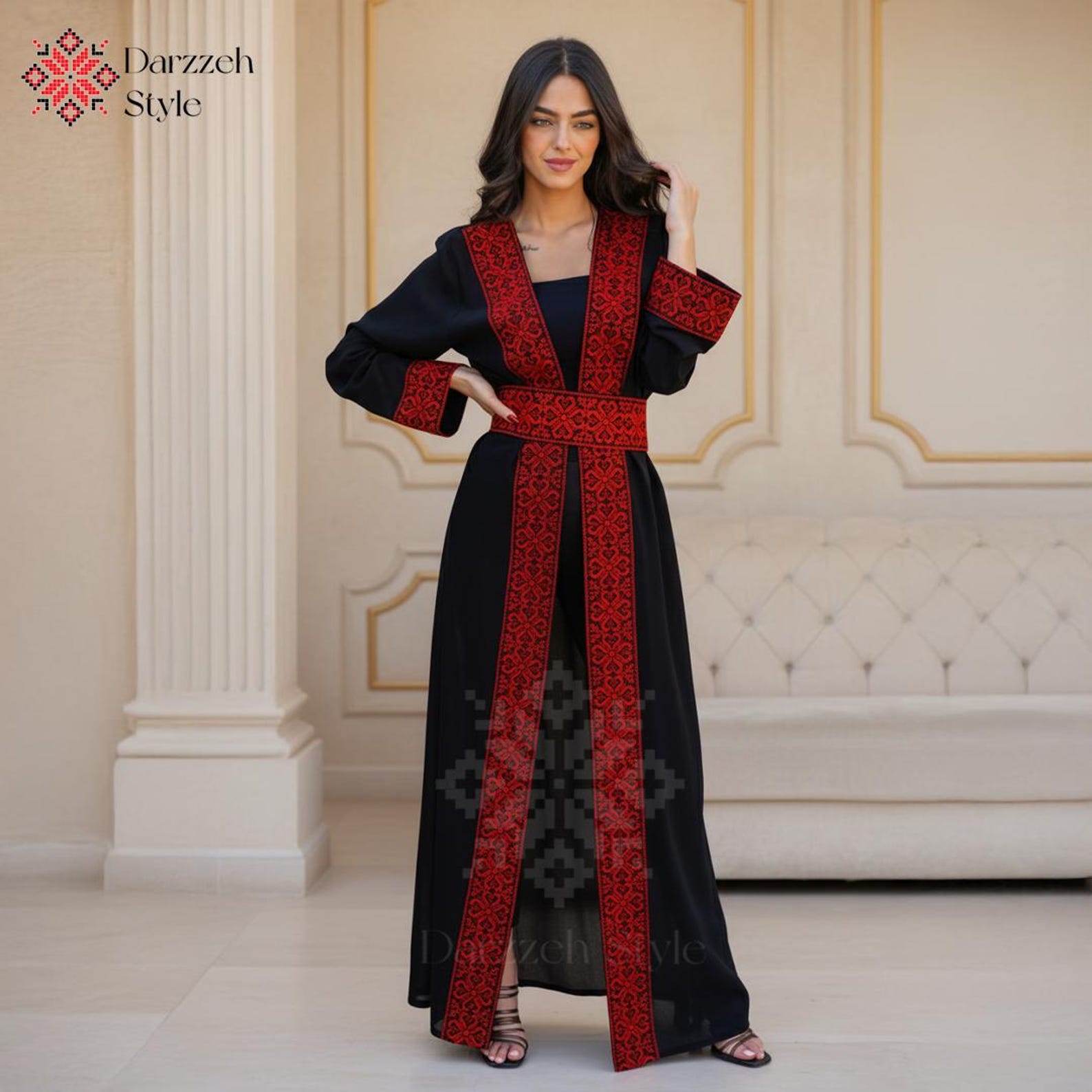 Palestinian Embroidered Open Abaya – Black & Red | Elegant Handmade ...