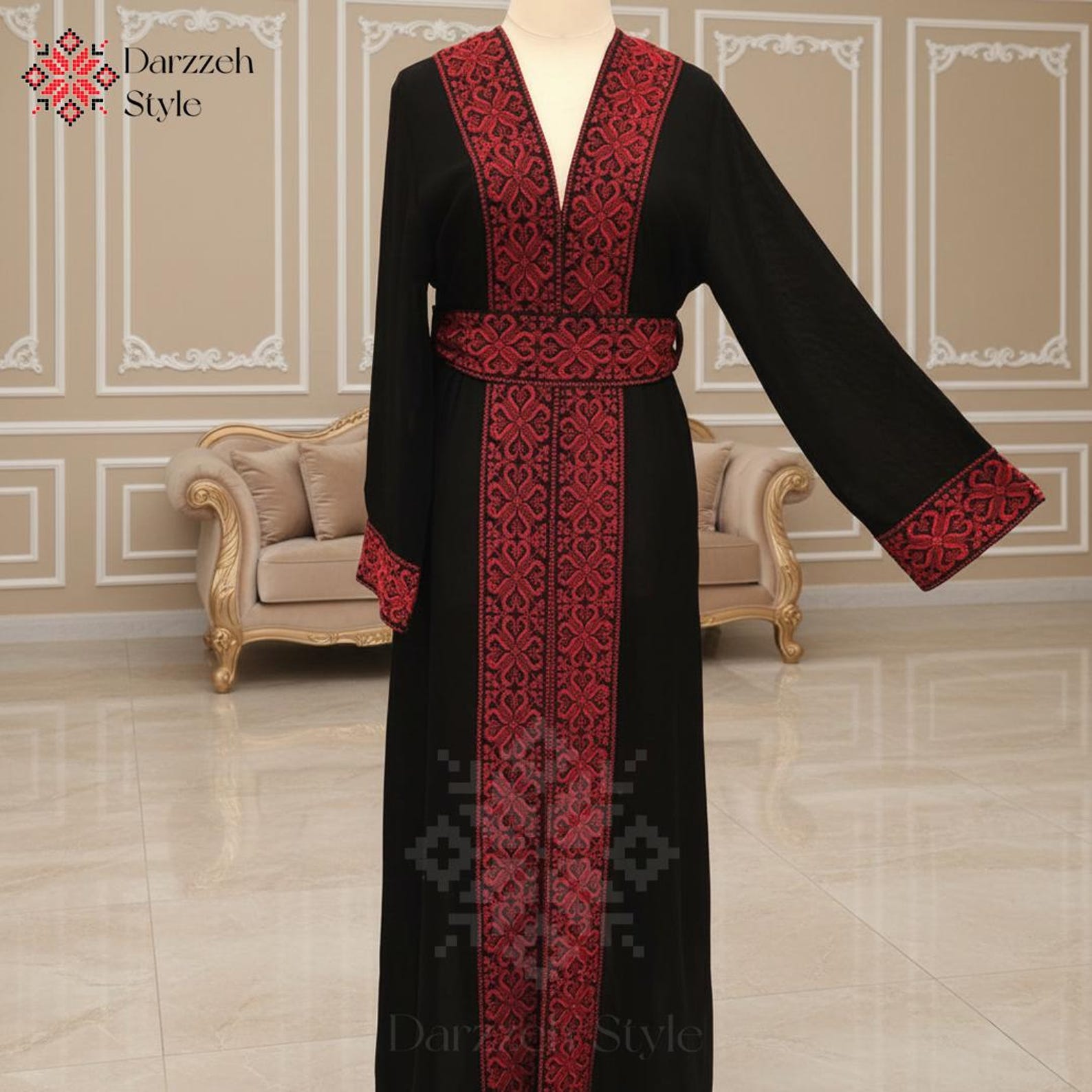 Palestinian Embroidered Open Abaya – Black & Red | Elegant Handmade ...