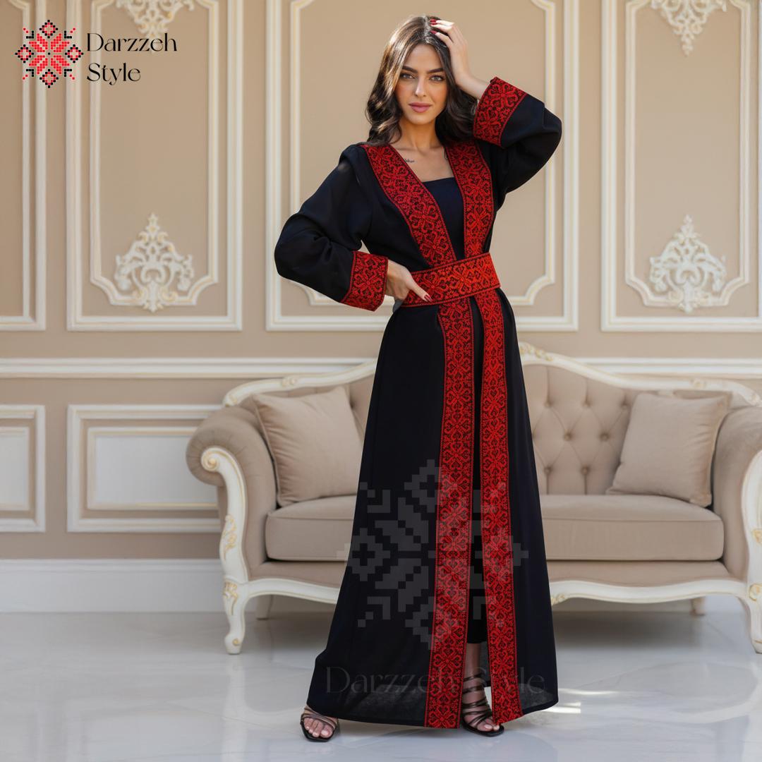 Palestinian Embroidered Open Abaya – Black & Red | Elegant Handmade ...