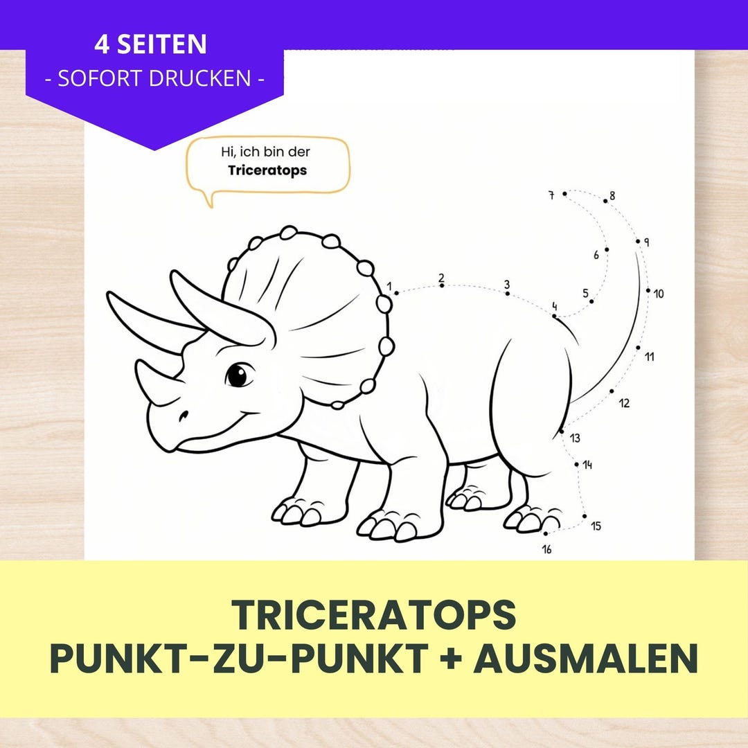 Dot-to-dot Dinosaur Triceratops | Coloring Page for Children 4-6 | Fine ...