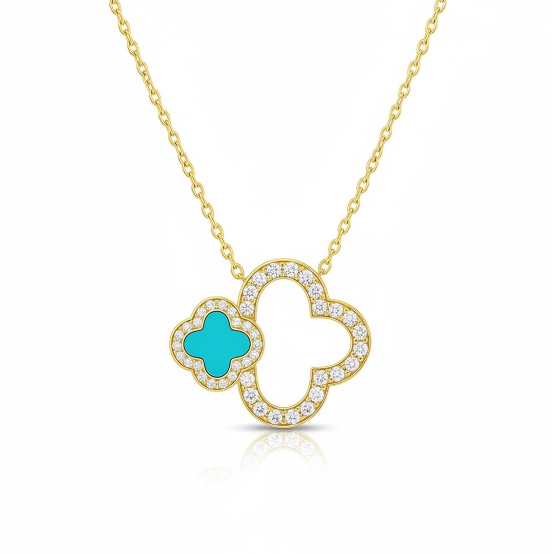 Natural Turquoise Clover Pendant Necklace, Solid 14K Yellow Gold Open ...