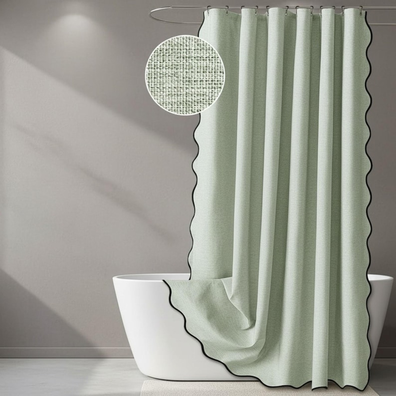 Waterproof Linen Textured Shower Curtain | Wavy Scalloped Bathroom ...