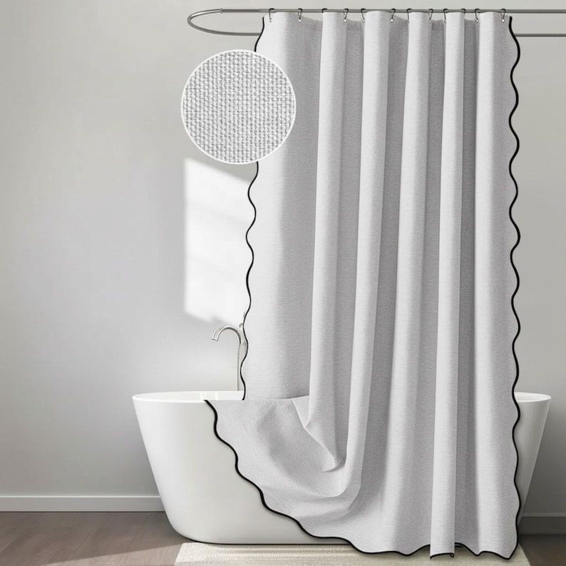 Waterproof Linen Textured Shower Curtain | Wavy Scalloped Bathroom ...