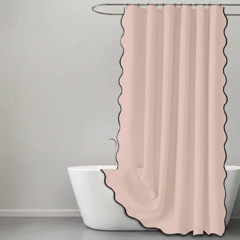 Waterproof Linen Textured Shower Curtain | Wavy Scalloped Bathroom ...