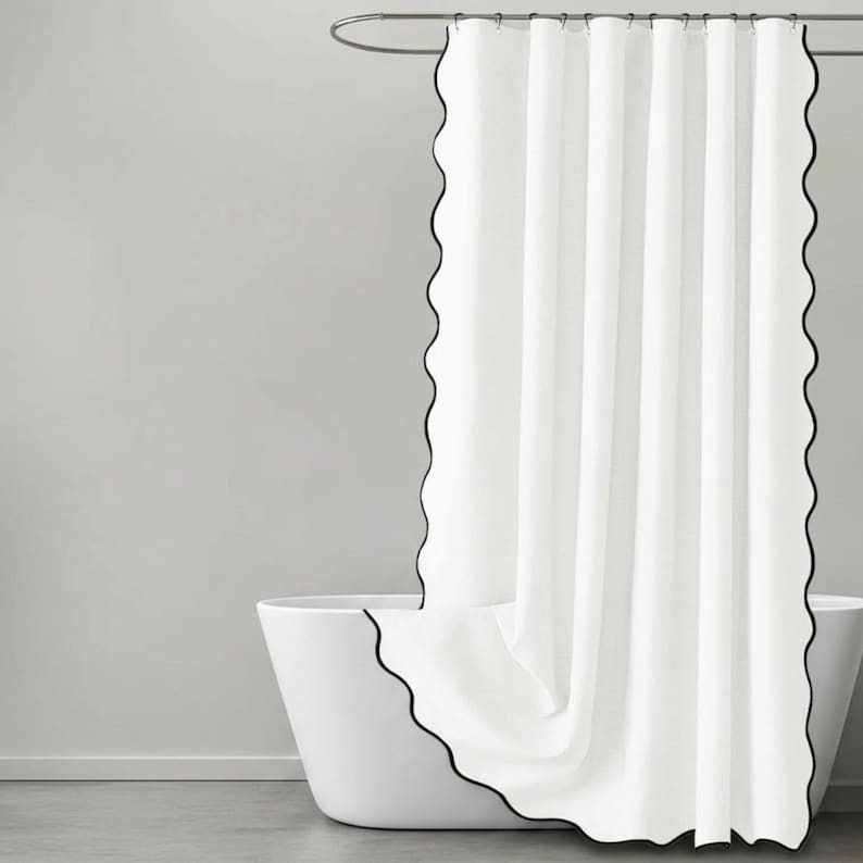 Waterproof Linen Textured Shower Curtain | Wavy Scalloped Bathroom ...