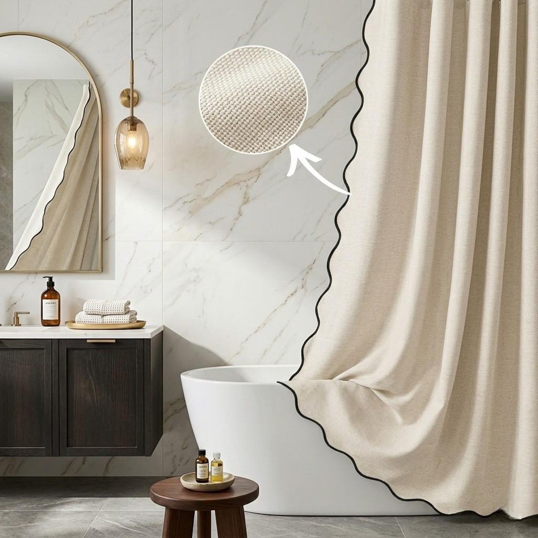Waterproof Linen Textured Shower Curtain | Wavy Scalloped Bathroom ...