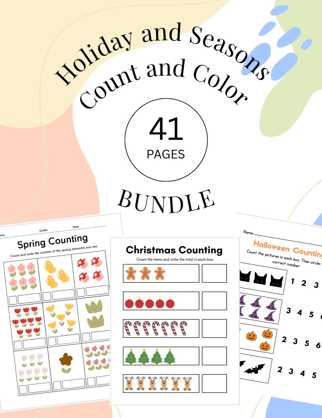 41 PAGES Printable Counting Worksheets - Holidays/seasons Bundle - Etsy