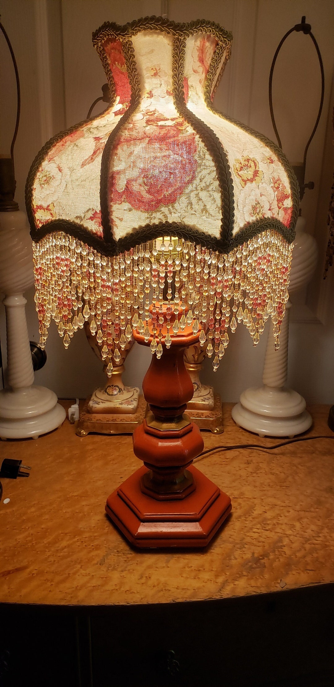 Victorian French Medium Lamp Shade "red / Rose" Fringe 6" Beads Free ...