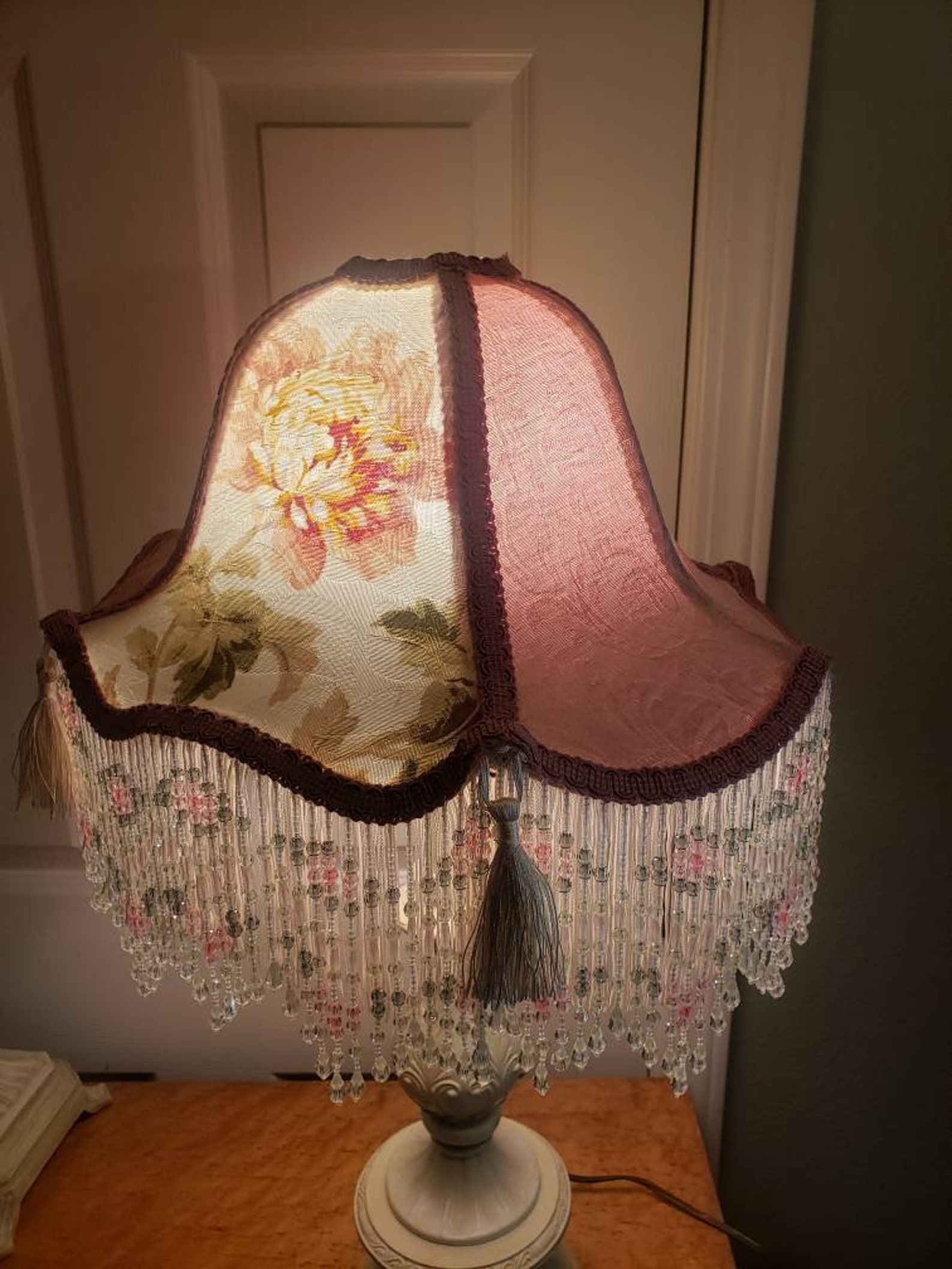 Victorian French Medium Lamp Shade gish Pink Blush Fabric Bead Fringe Free Shipping - Etsy