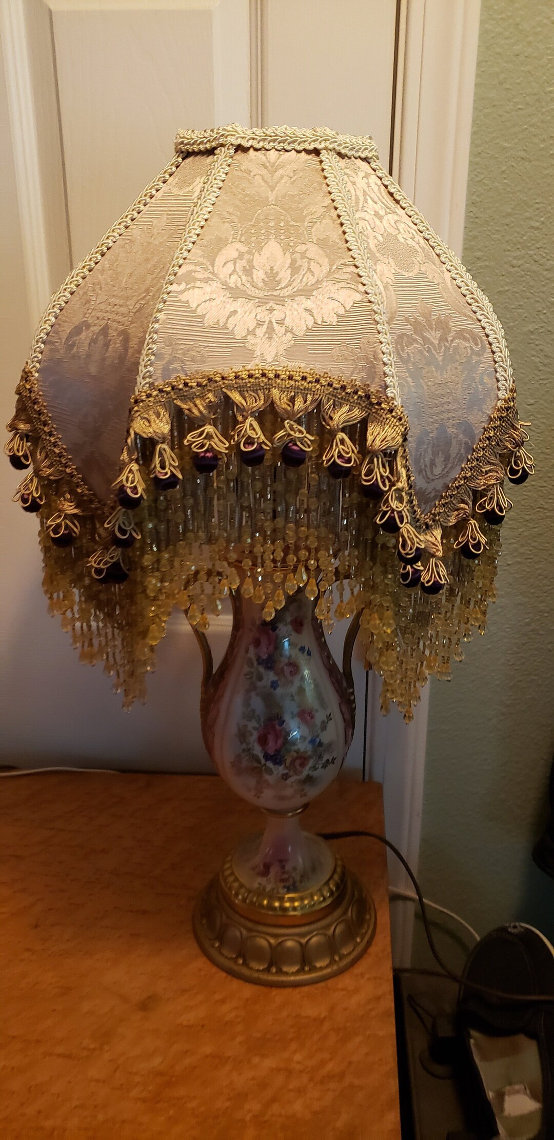 Victorian French Medium Lamp Shade "princess" Golden Beige Bead Fringe ...