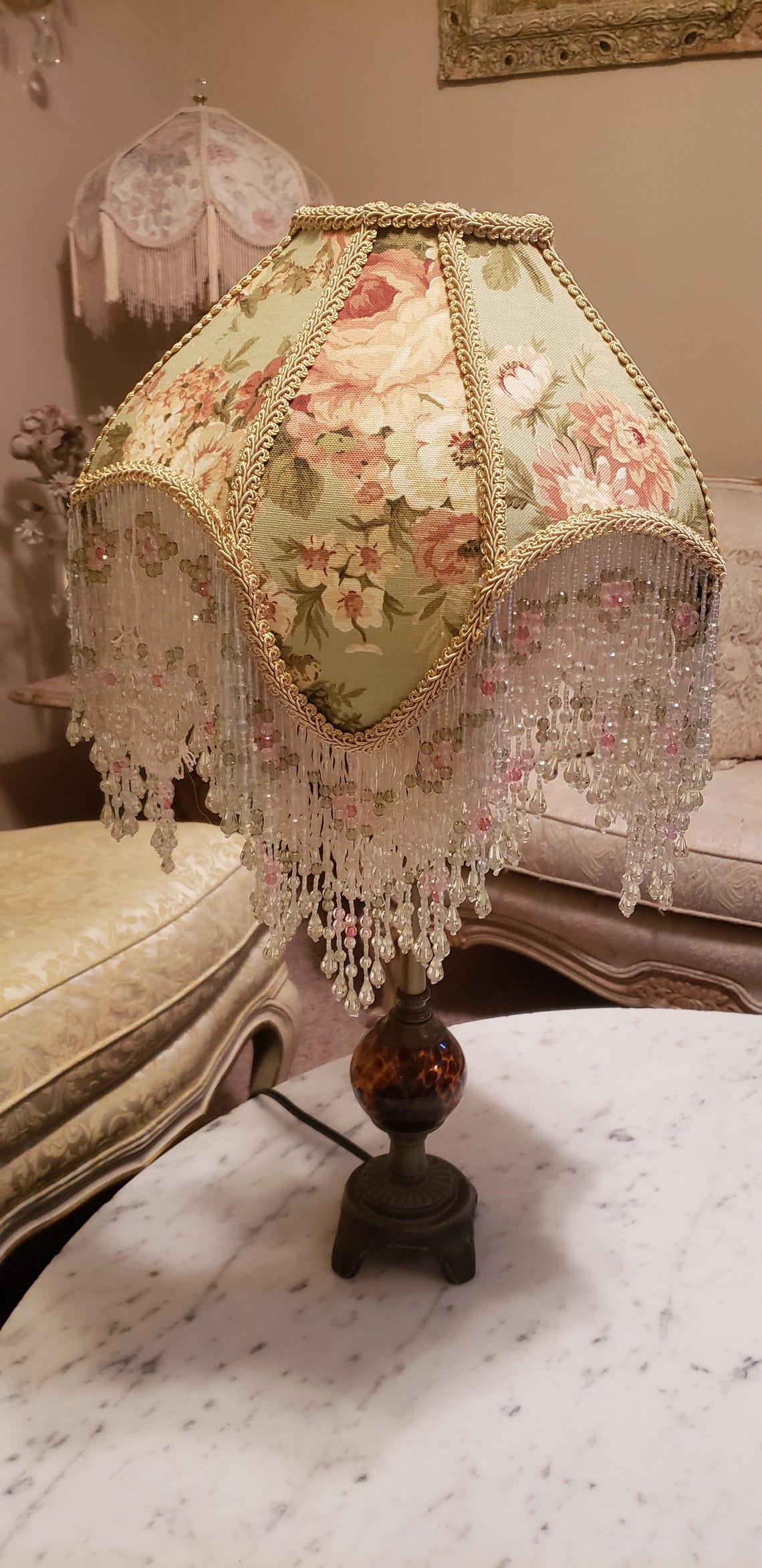 Victorian French Medium Lamp Shade "princess" Sage Bead Fringe Free ...
