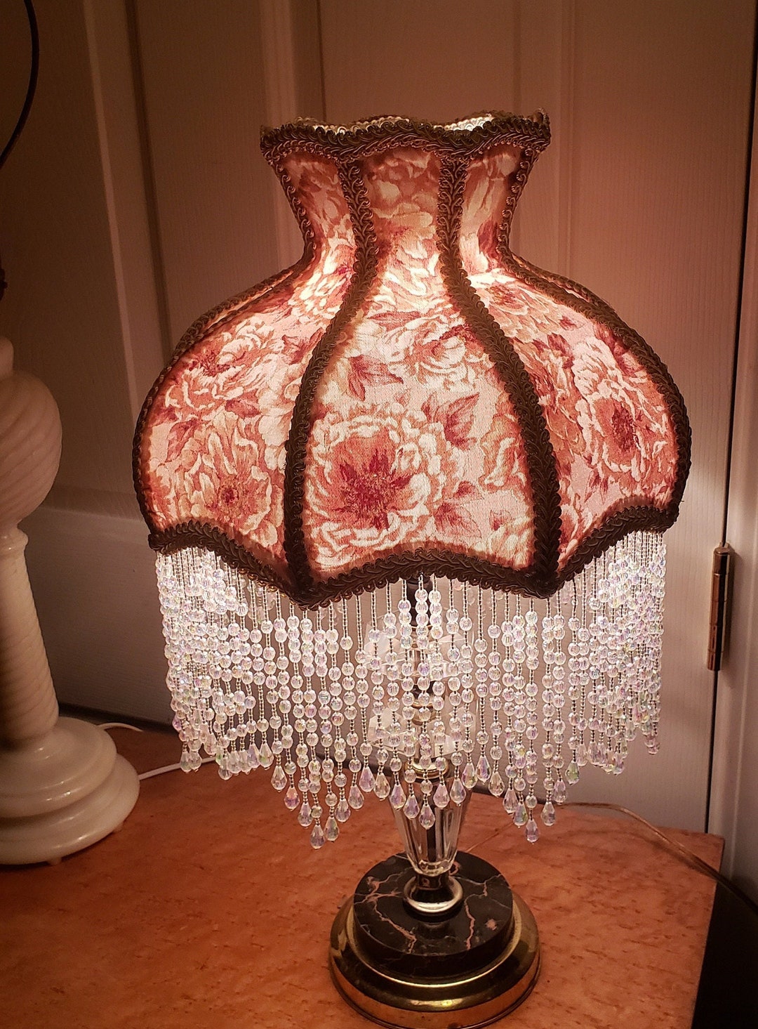 Victorian French Medium Lamp Shade "pink Rose" Fringe 6" Beads Free ...