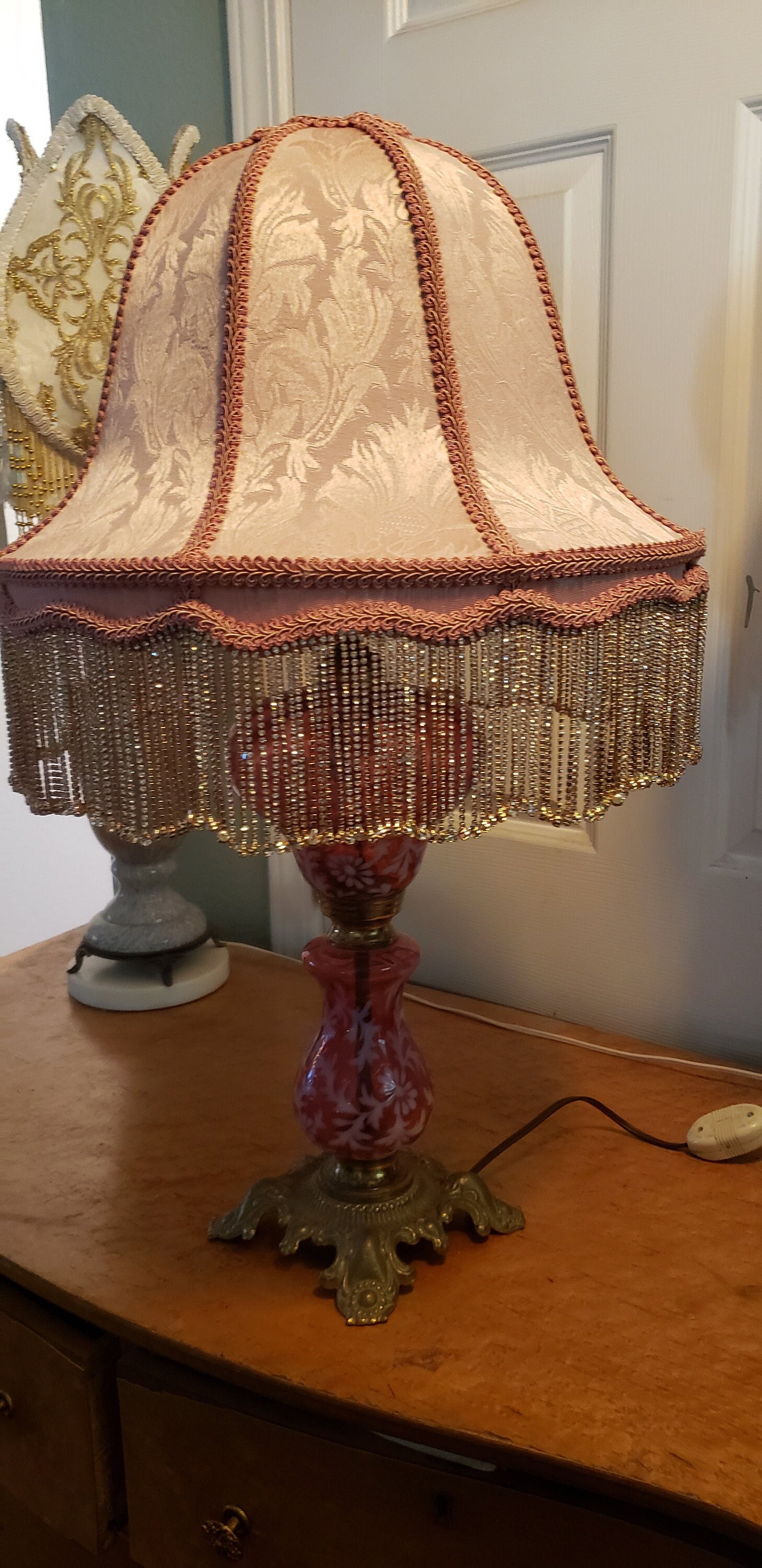 Victorian French Large Table Lamp Shade " Rose Pink" Rhinestone Fringe ...