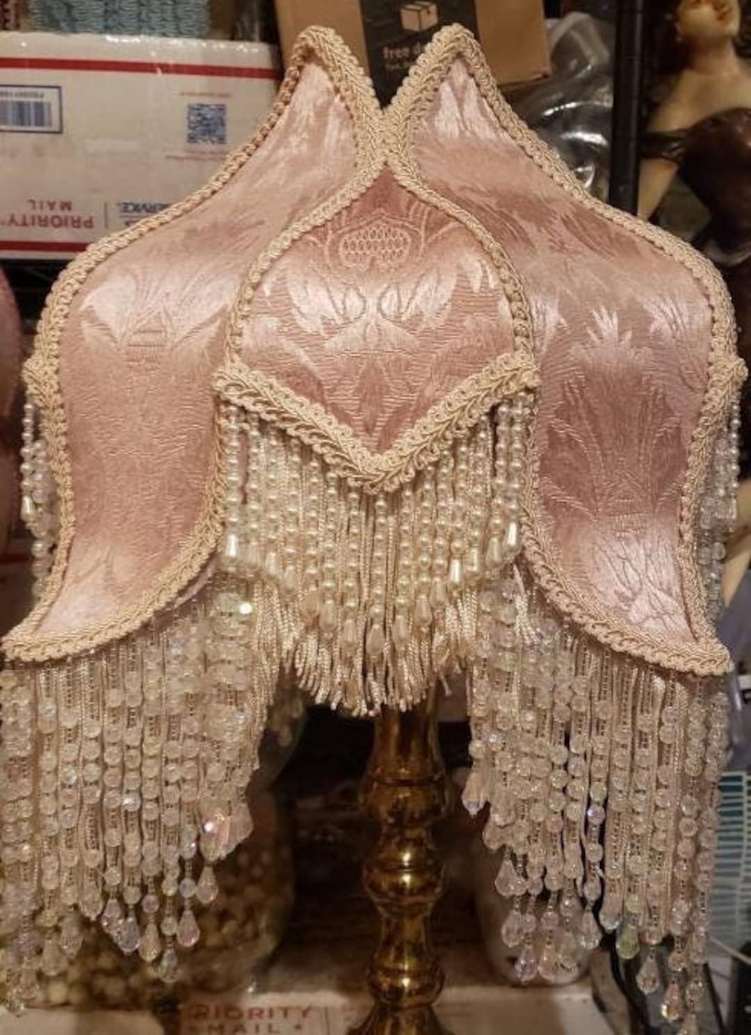Victorian French Medium Tulip Lamp Shade "pink" Pearls Fringe and 6 ...