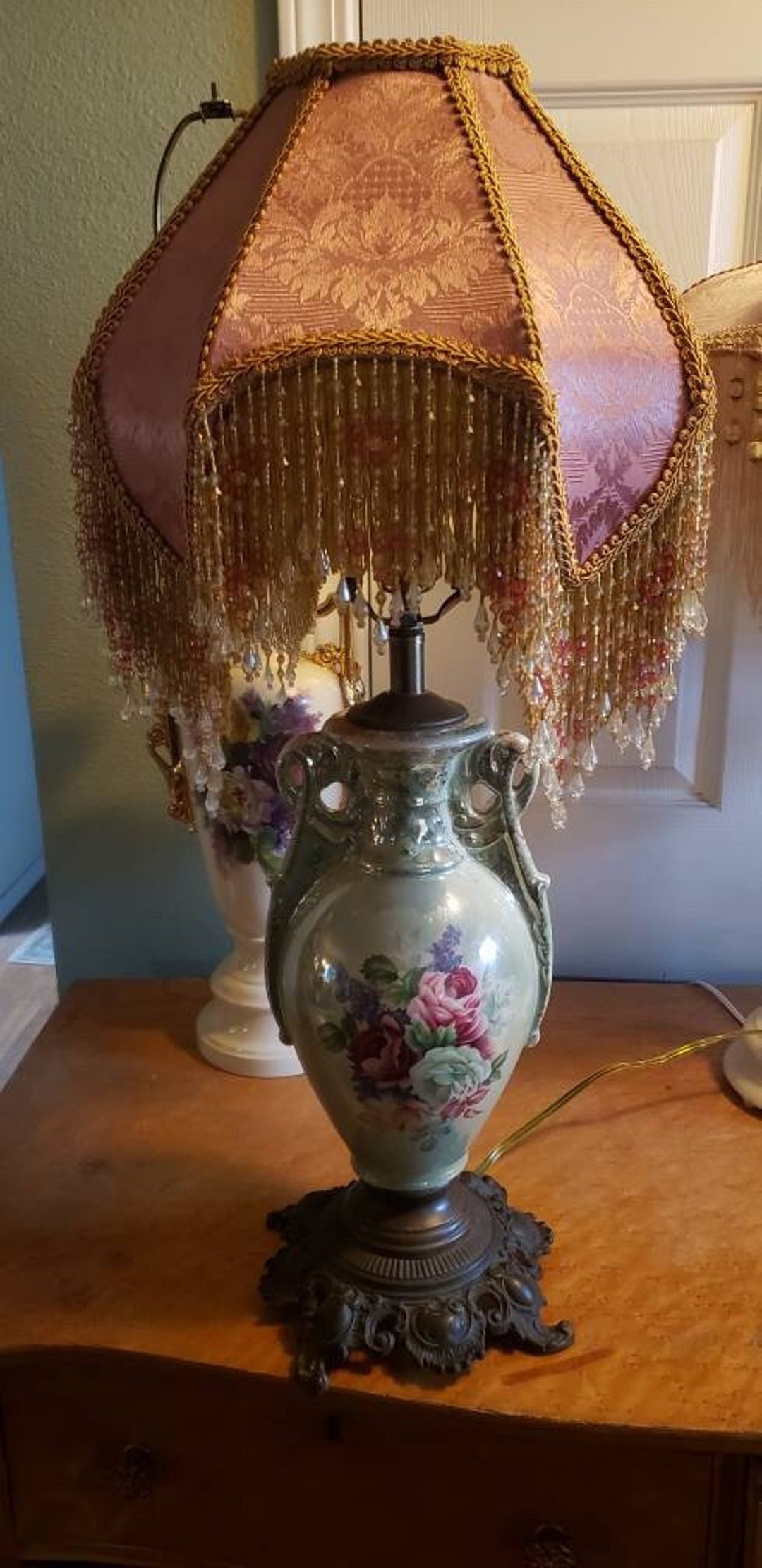 Victorian French Medium Lamp Shade "princess" Rose Bead Fringe Free ...