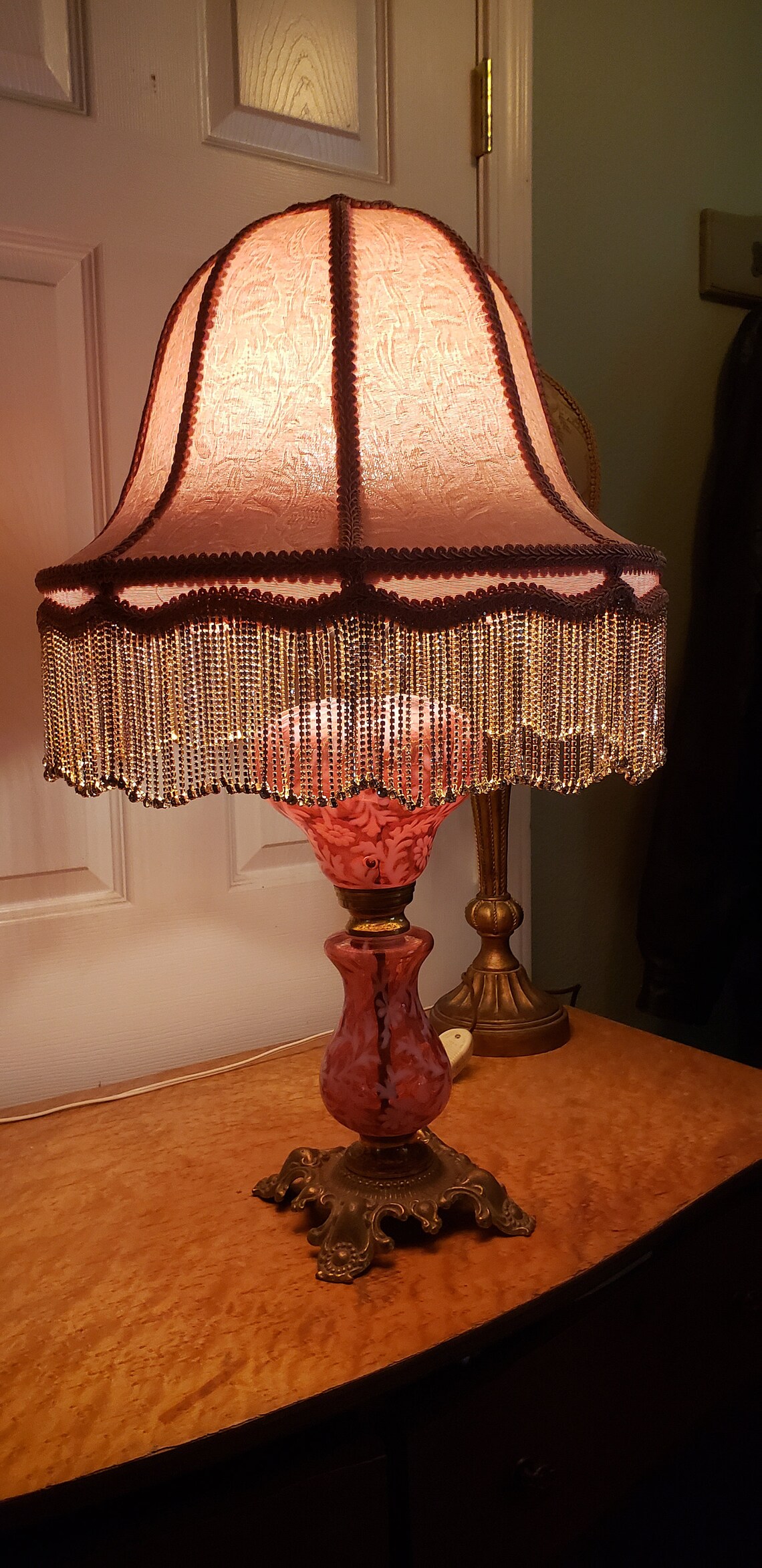 Victorian French Large Table Lamp Shade " Rose Pink" Rhinestone Fringe ...
