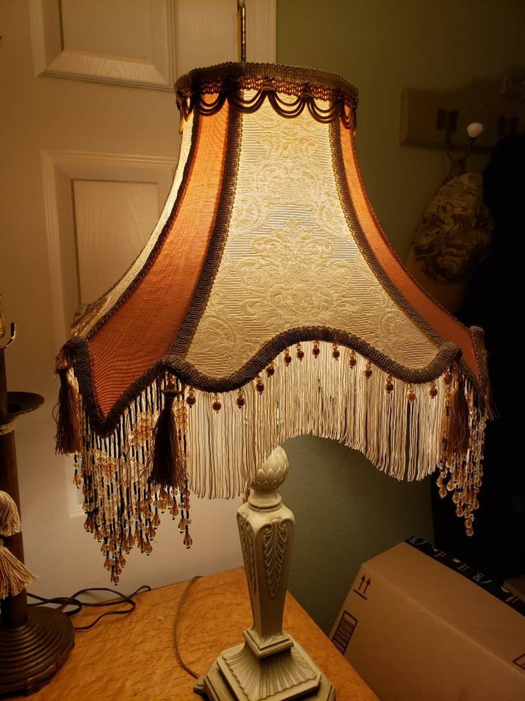 Victorian French Large Lamp Shade "golden Elegance" Bead Fringe Nice - Etsy