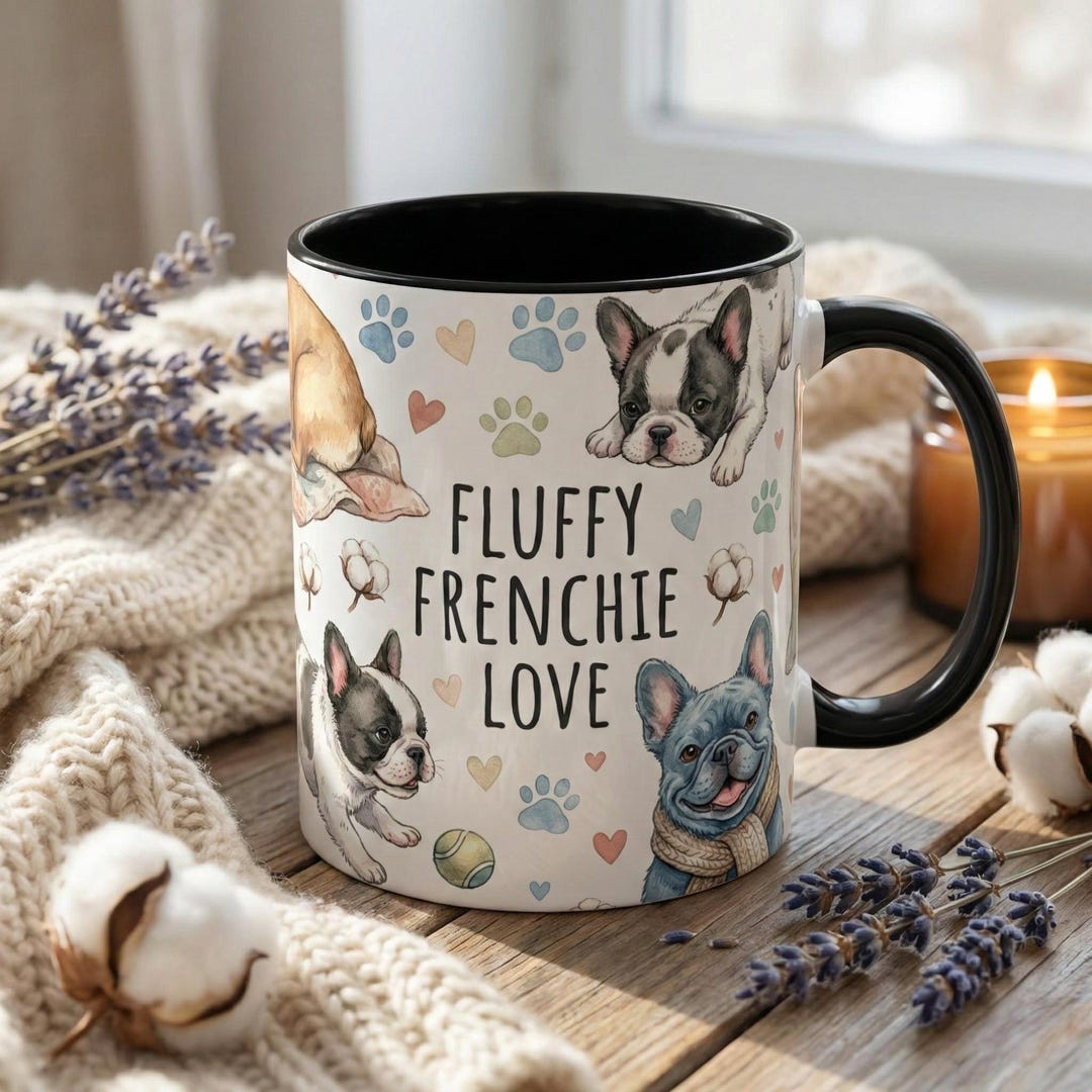 Fluffy Frenchie Love Mug | Coffee Mug With French Bulldog Illustration ...