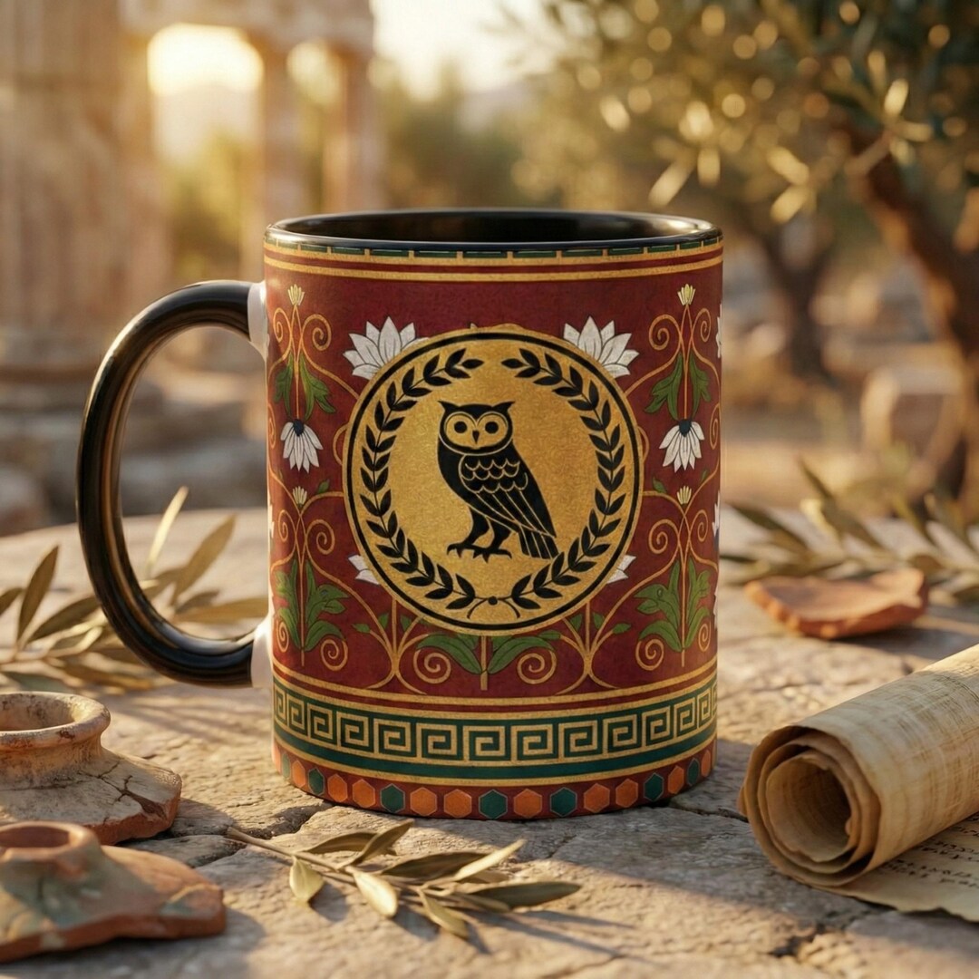 Greek Owl Medallion Mug | Classical Floral Pattern Accent Coffee Mug - Etsy