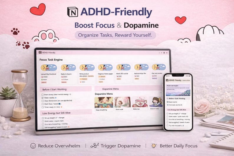 ADHD Friendly Notion Template Focus & Dopamine Dashboard Task Engine ...