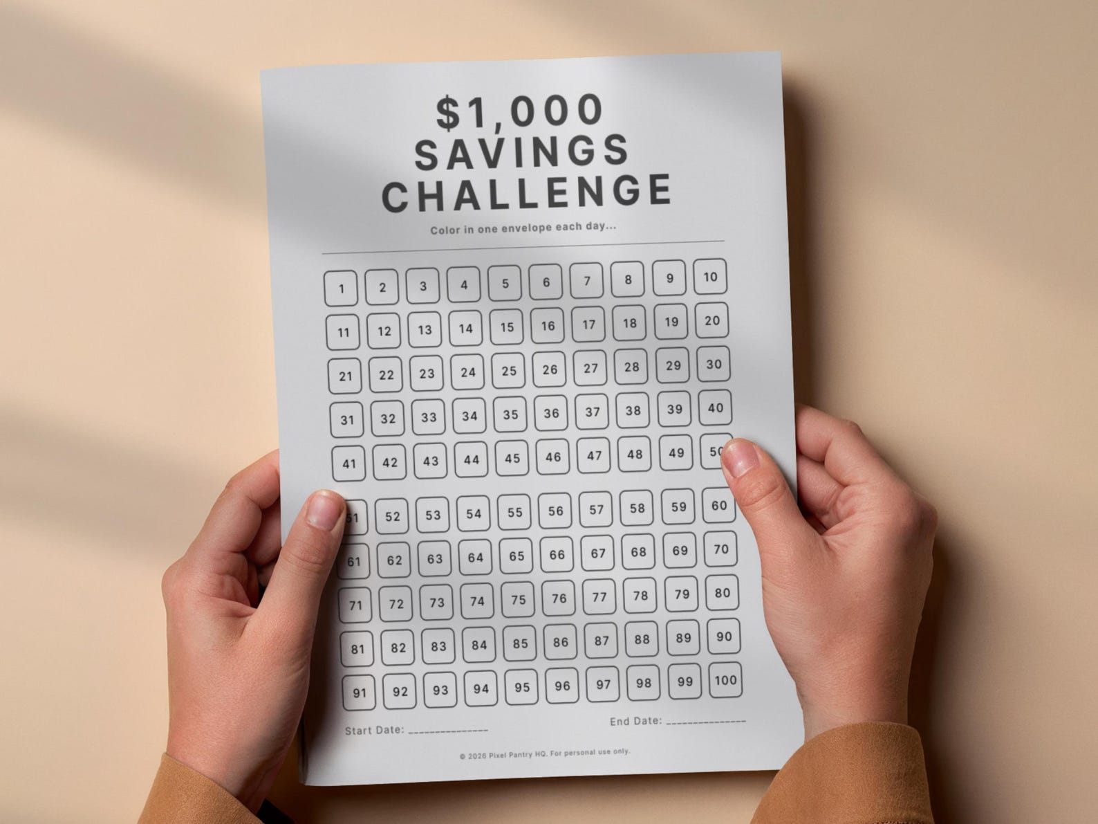 1,000 Dollars Savings Challenge Printable • 100 Envelope Tracker ...