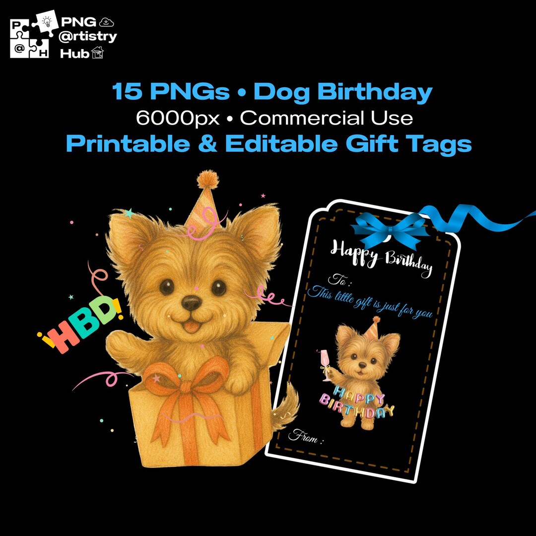 Dog Birthday Bundle – Printable & Editable Gift Tags 2"×3.5" • 15 Pngs ...