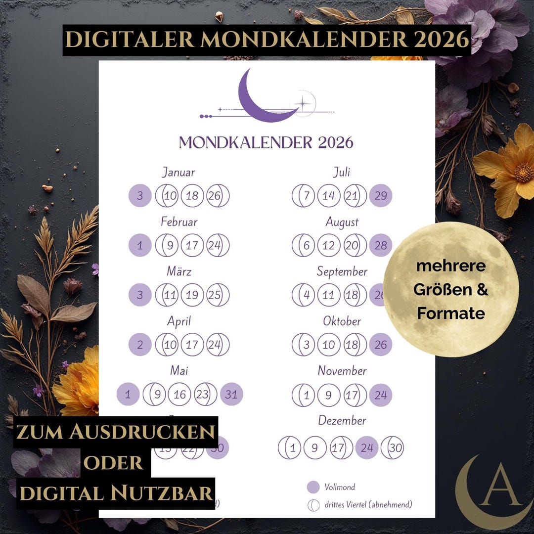 Printable 2026 Moon Calendar in German - Moon Phases Calendar - A4/A5 ...