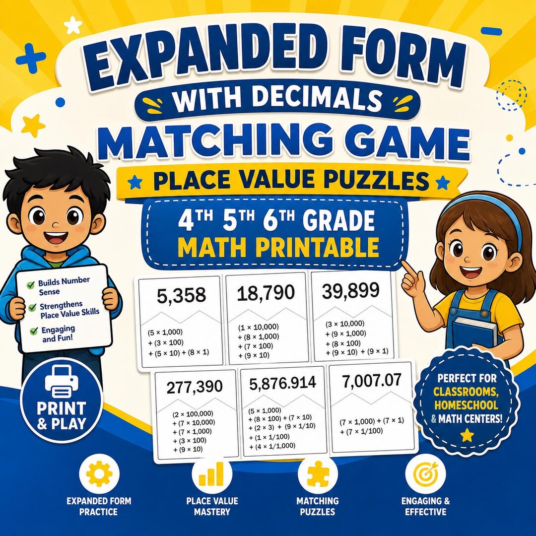 Expanded Form Decimals Matching Game, Place Value Puzzles (4th-6th ...