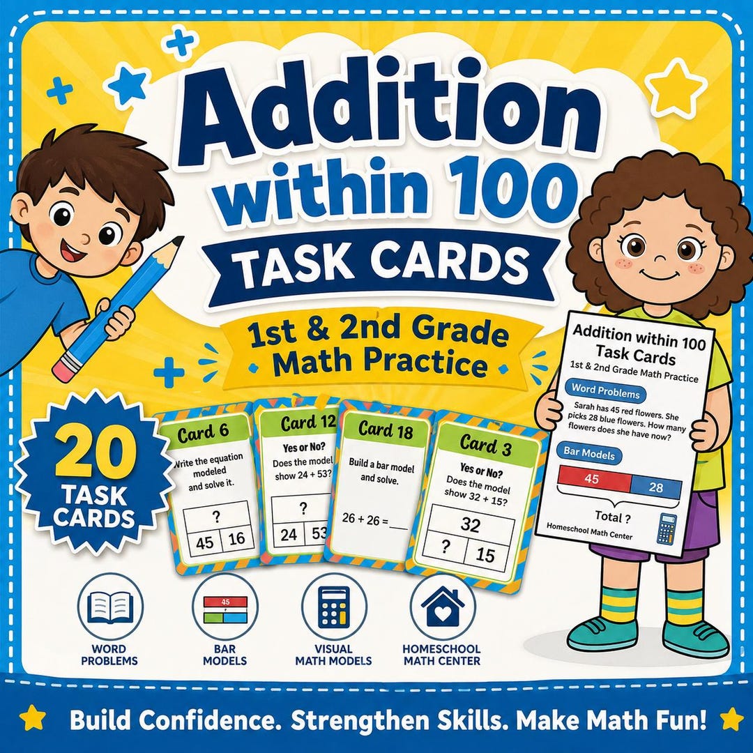 1st 2nd Grade Addition Task Cards, Visual Math Models (digital Download ...