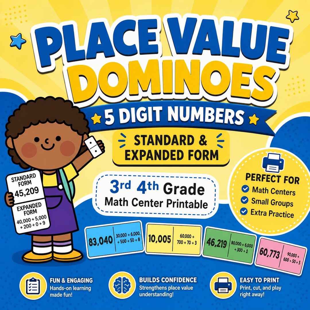 Place Value Dominoes, 5-digit Numbers Standard & Expanded Form, 3rd 4th ...