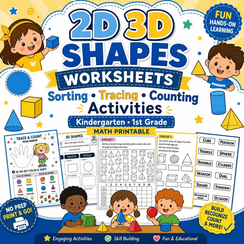 2D 3D Shapes Worksheets, Sorting Tracing Counting Activities ...