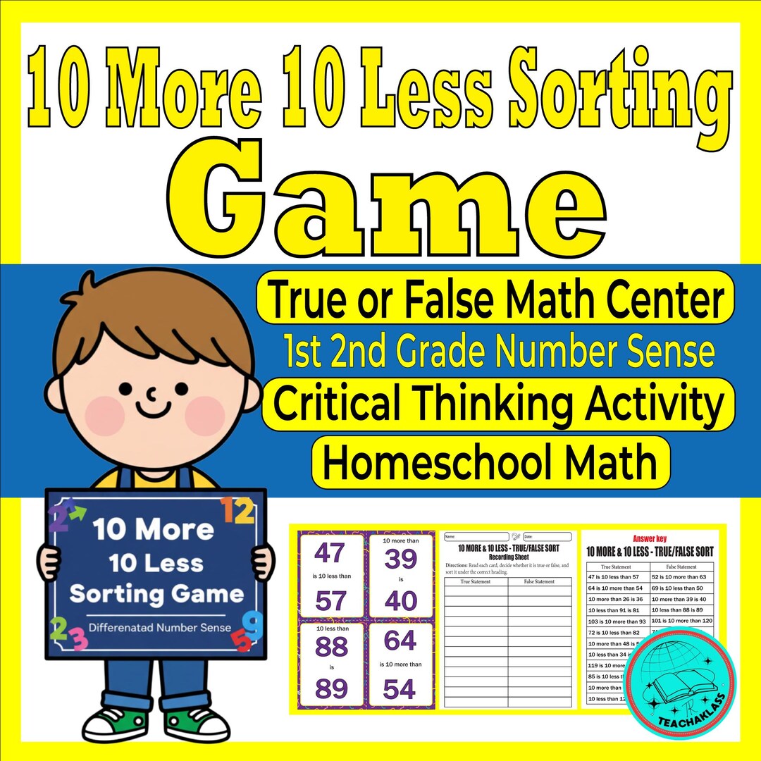 10 More 10 Less Sorting Game, True False Math Center (digital Download ...