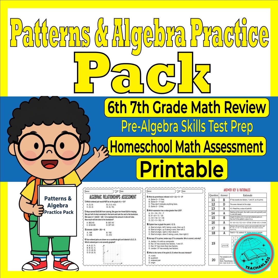 6th 7th Grade Math Review: Patterns & Algebra Practice Pack (printable ...