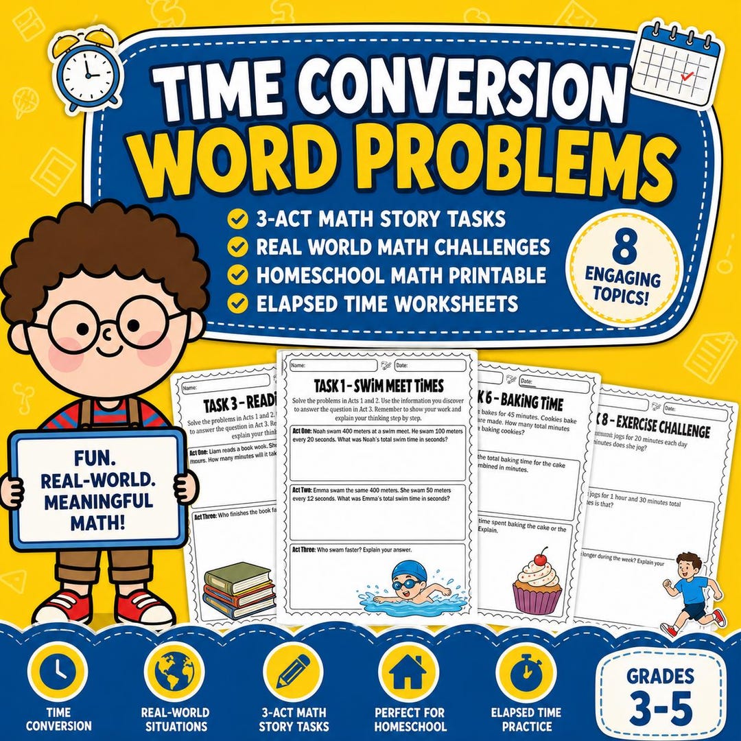 Elapsed Time Word Problems, 3-act Math, Homeschool Printable (PDF ...