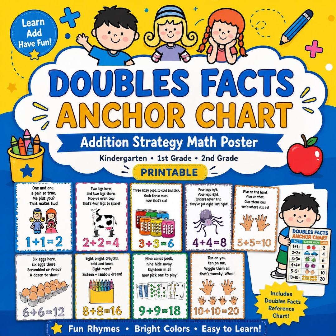 Doubles Facts Anchor Chart, Addition Strategy Math Poster, Kindergarten ...