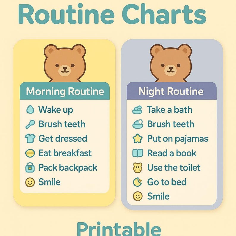 Kids Morning, Night Routine Chart | Cute Bear Routine Cards | Printable ...