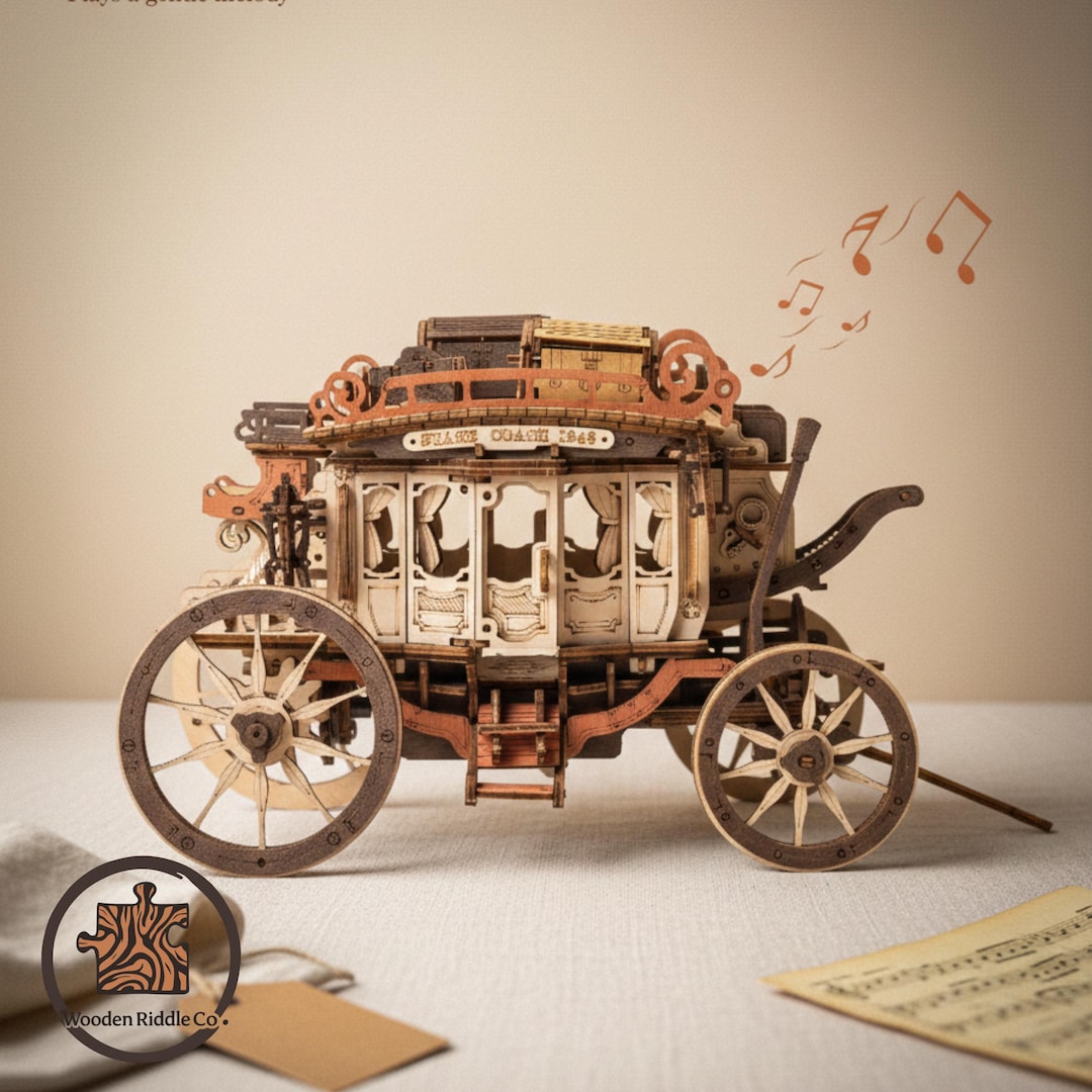 Stagecoach Music Box 3D Wooden Puzzle - Wind-up Moving Model, Plays ...