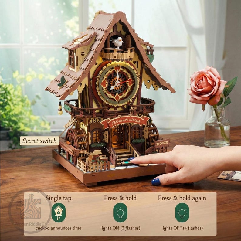3D Wooden Cuckoo Clock Puzzle Kit – Working Bird + Warm LED Lights, No ...