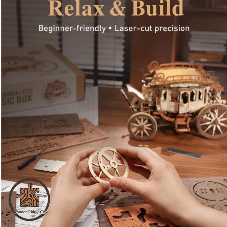 Stagecoach Music Box 3D Wooden Puzzle - Wind-up Moving Model, Plays ...