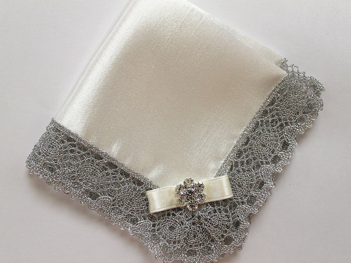 White or Ivory Bridal Satin Handkerchief Silver Lace Wedding | Etsy