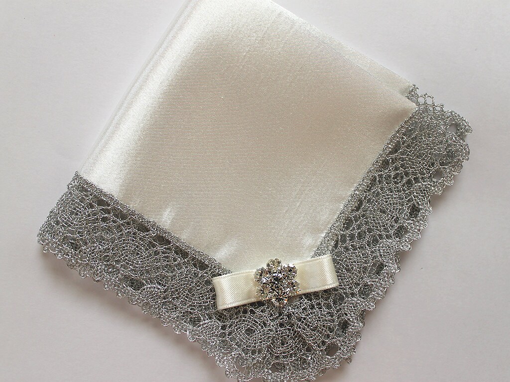 White or Ivory Bridal Satin Handkerchief, Silver Lace Wedding Hanky ...