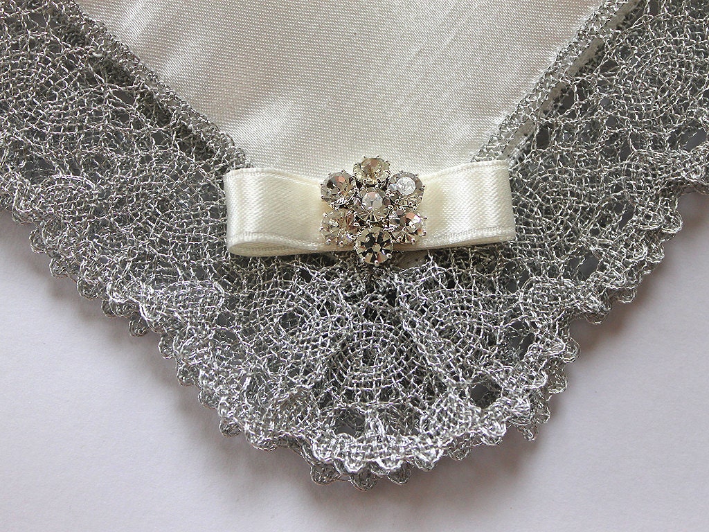 White or Ivory Bridal Satin Handkerchief Silver Lace Wedding | Etsy