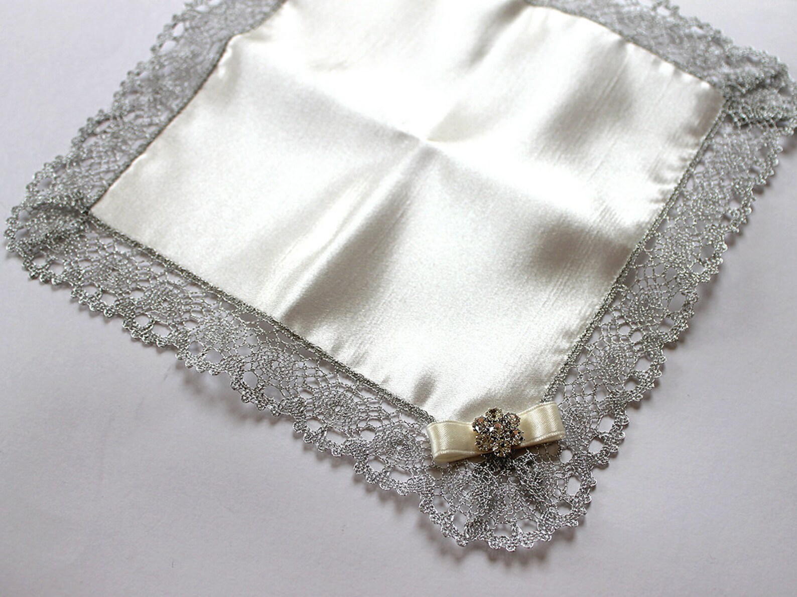 White or Ivory Bridal Satin Handkerchief Silver Lace Wedding - Etsy