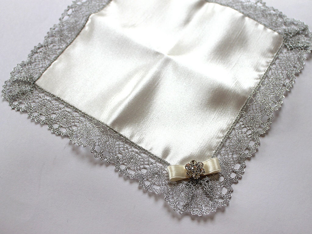 White or Ivory Bridal Satin Handkerchief, Silver Lace Wedding Hanky ...