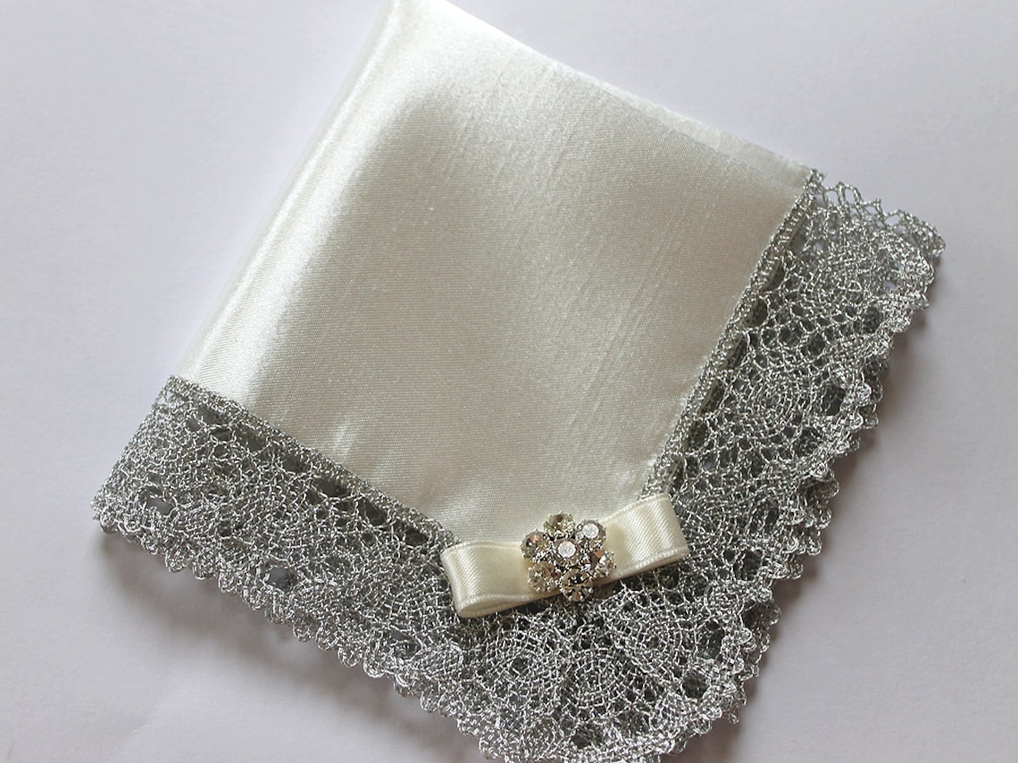 White or Ivory Bridal Satin Handkerchief, Silver Lace Wedding Hanky ...