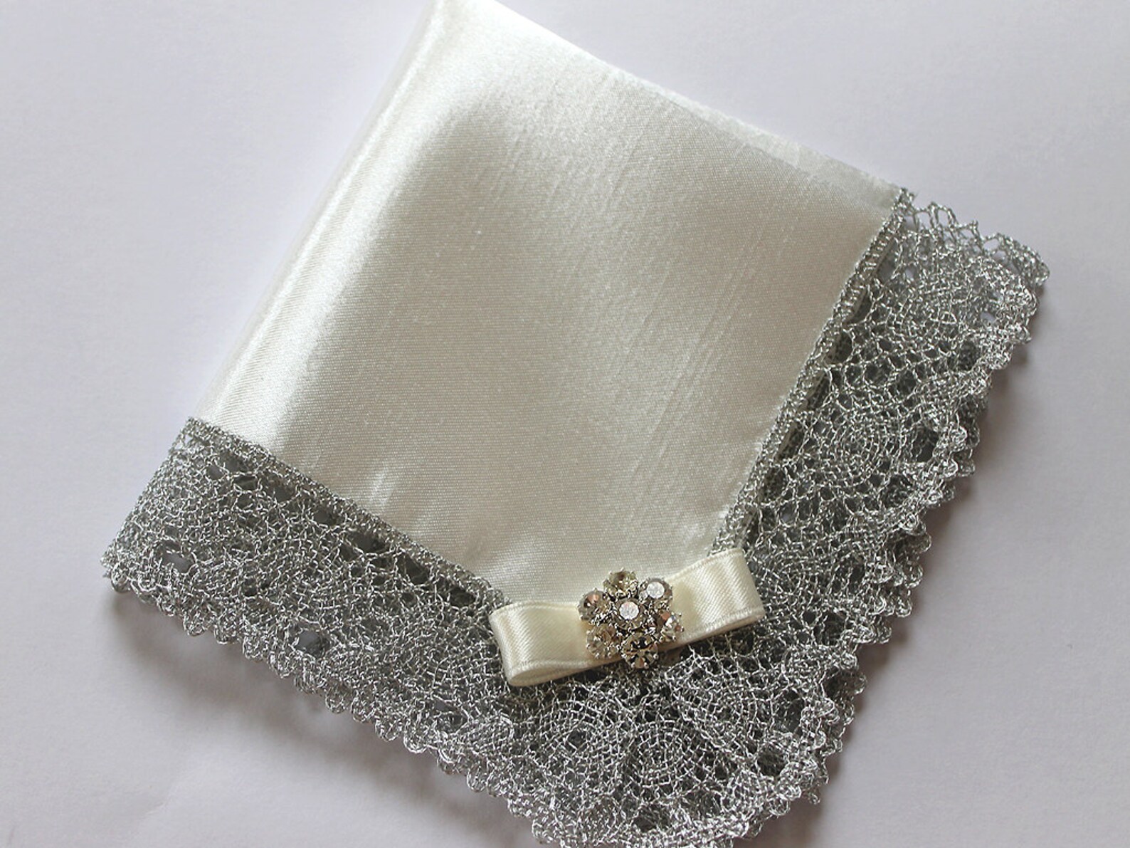 White or Ivory Bridal Satin Handkerchief, Silver Lace Wedding Hanky ...