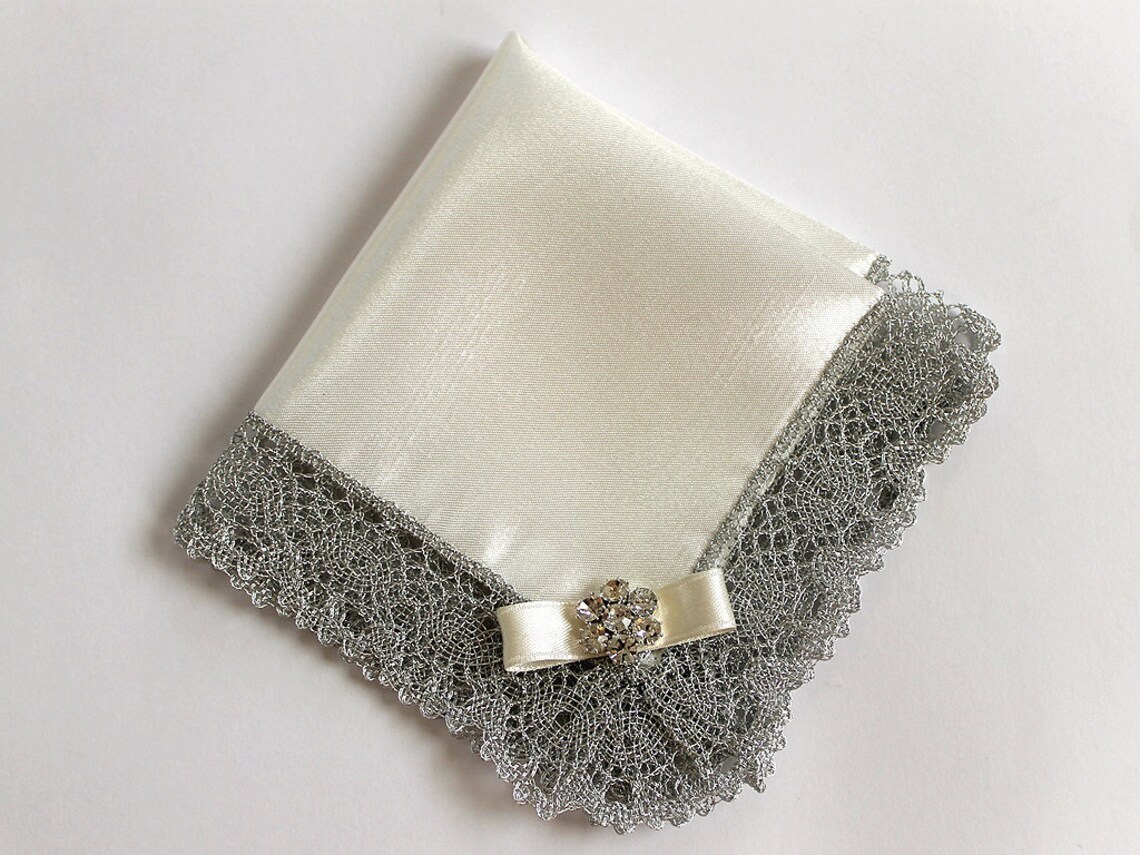White or Ivory Bridal Satin Handkerchief Silver Lace Wedding - Etsy