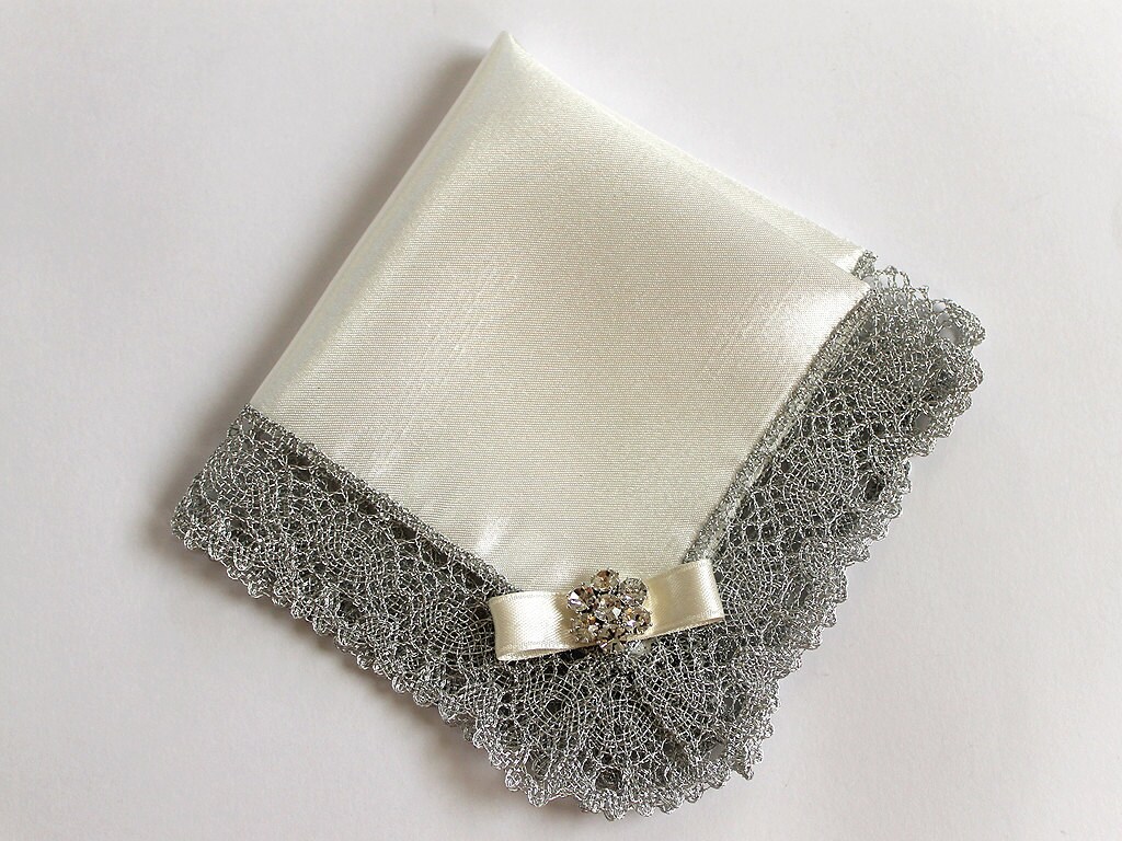 White or Ivory Bridal Satin Handkerchief, Silver Lace Wedding Hanky ...
