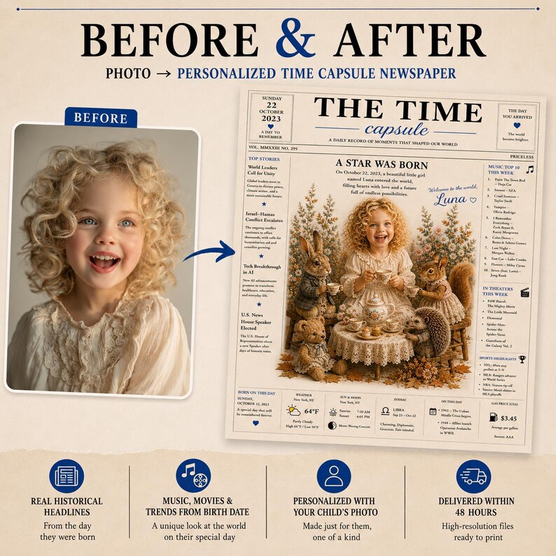 Personalized Birthday Newspaper Poster, Custom Birth Date Facts Print ...